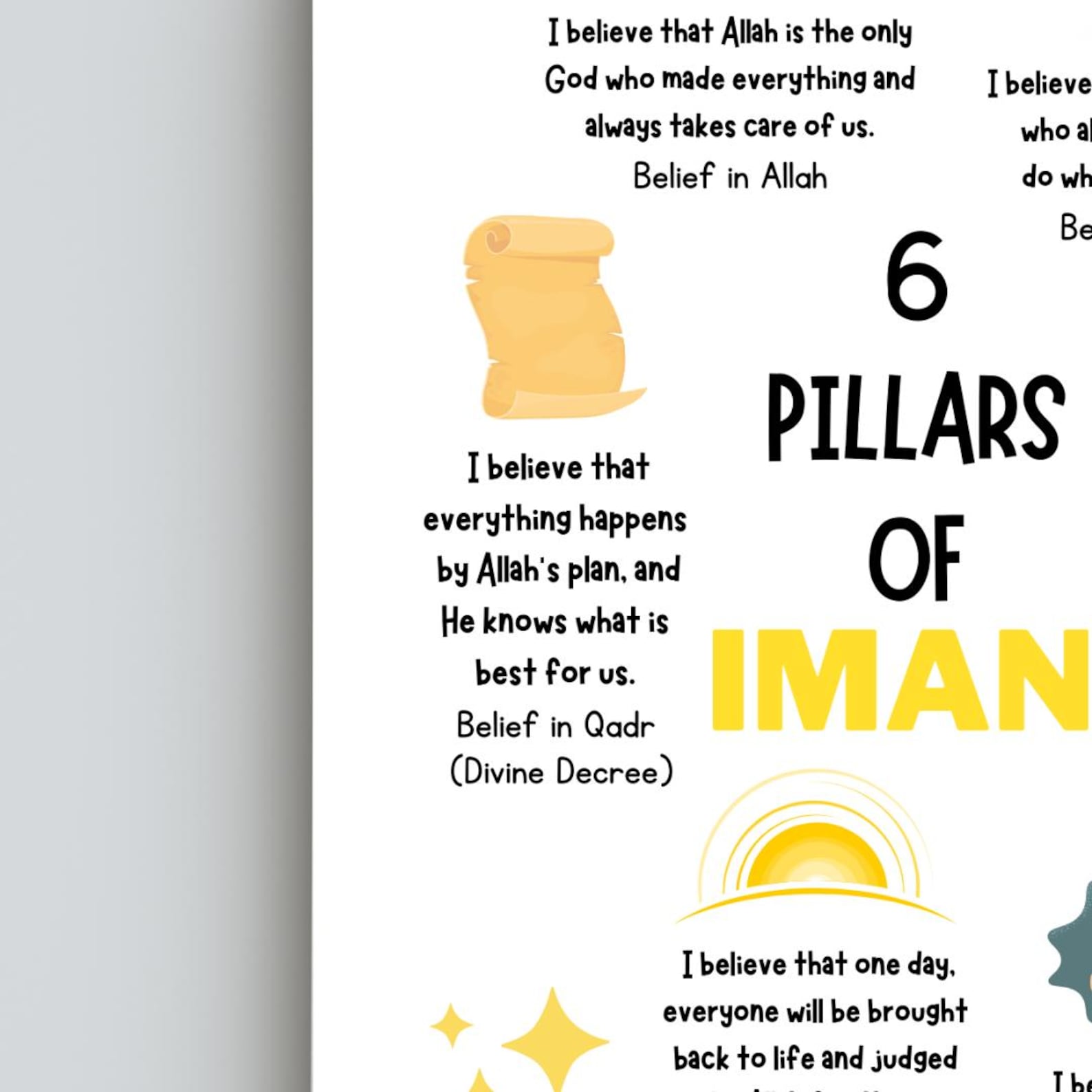 6 Pillars of Iman Kids Islamic Wall Art Muslim Children Educational ...
