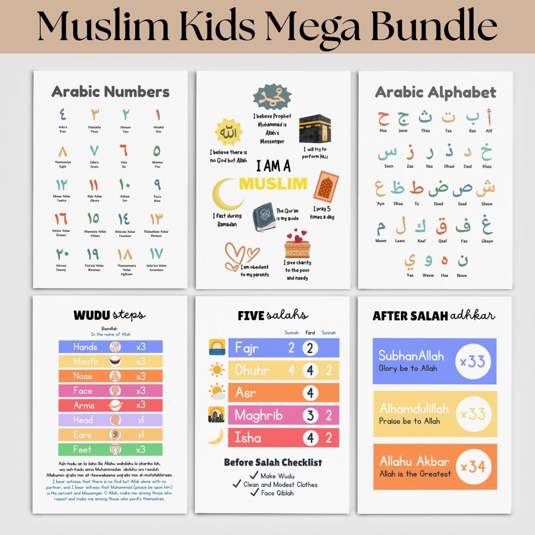 Islamic Kids Learning Posters Arabic Alphabet Numbers Salah Wudu Adhkar ...