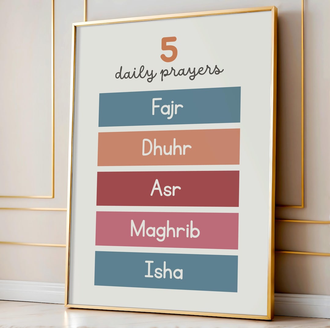 5 Daily Prayers Islamic Poster Muslim Kids Wall Art Salah Chart Fajr ...