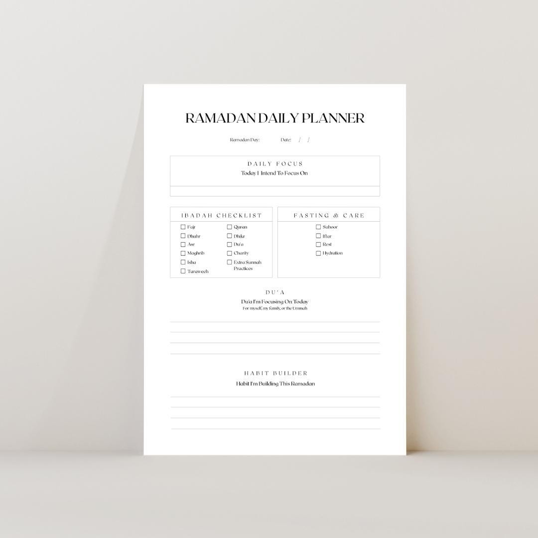 Ramadan Daily Planner Printable One Page Ibadah Checklist Quran Dua ...