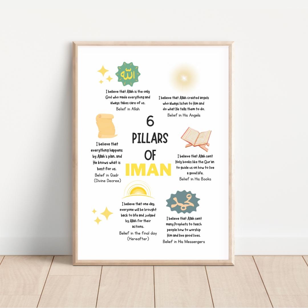 6 Pillars of Iman Kids Islamic Wall Art Muslim Children Educational ...