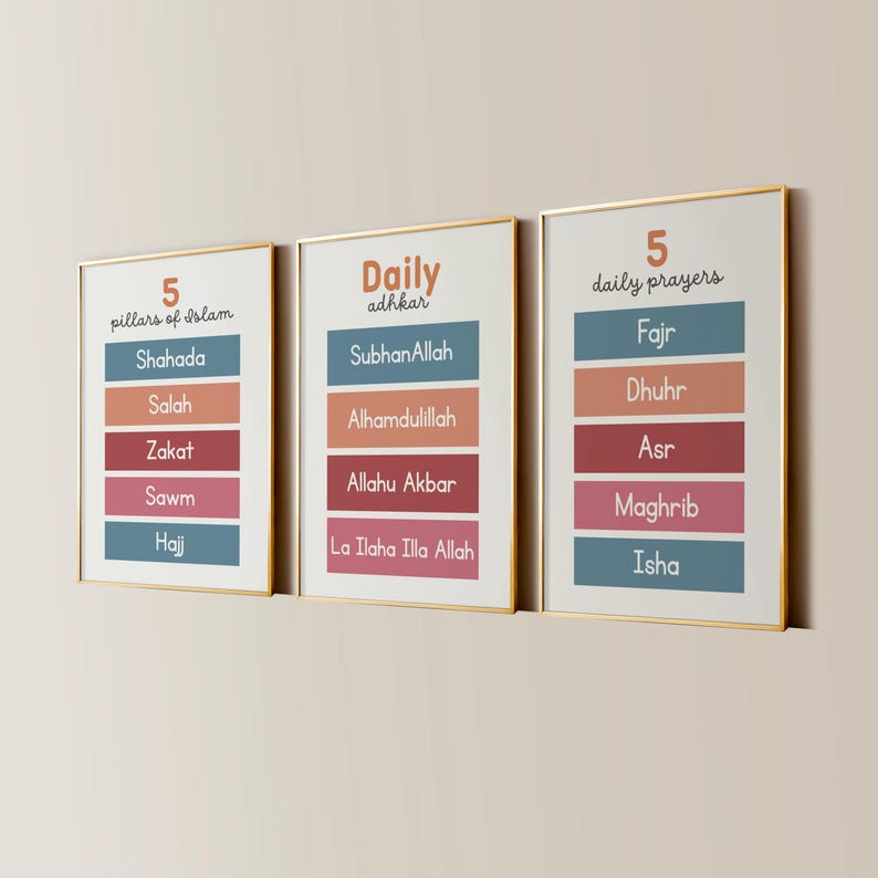 Islamic Kids Printable Wall Art Set Five Pillars Daily Adhkar Five ...