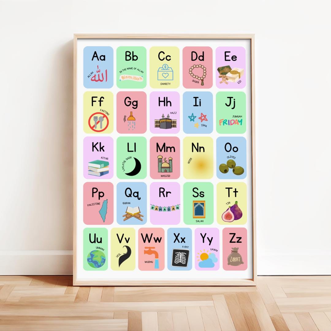 Islamic Alphabet Poster A to Z Muslim Kids Wall Art Printable Islamic ...
