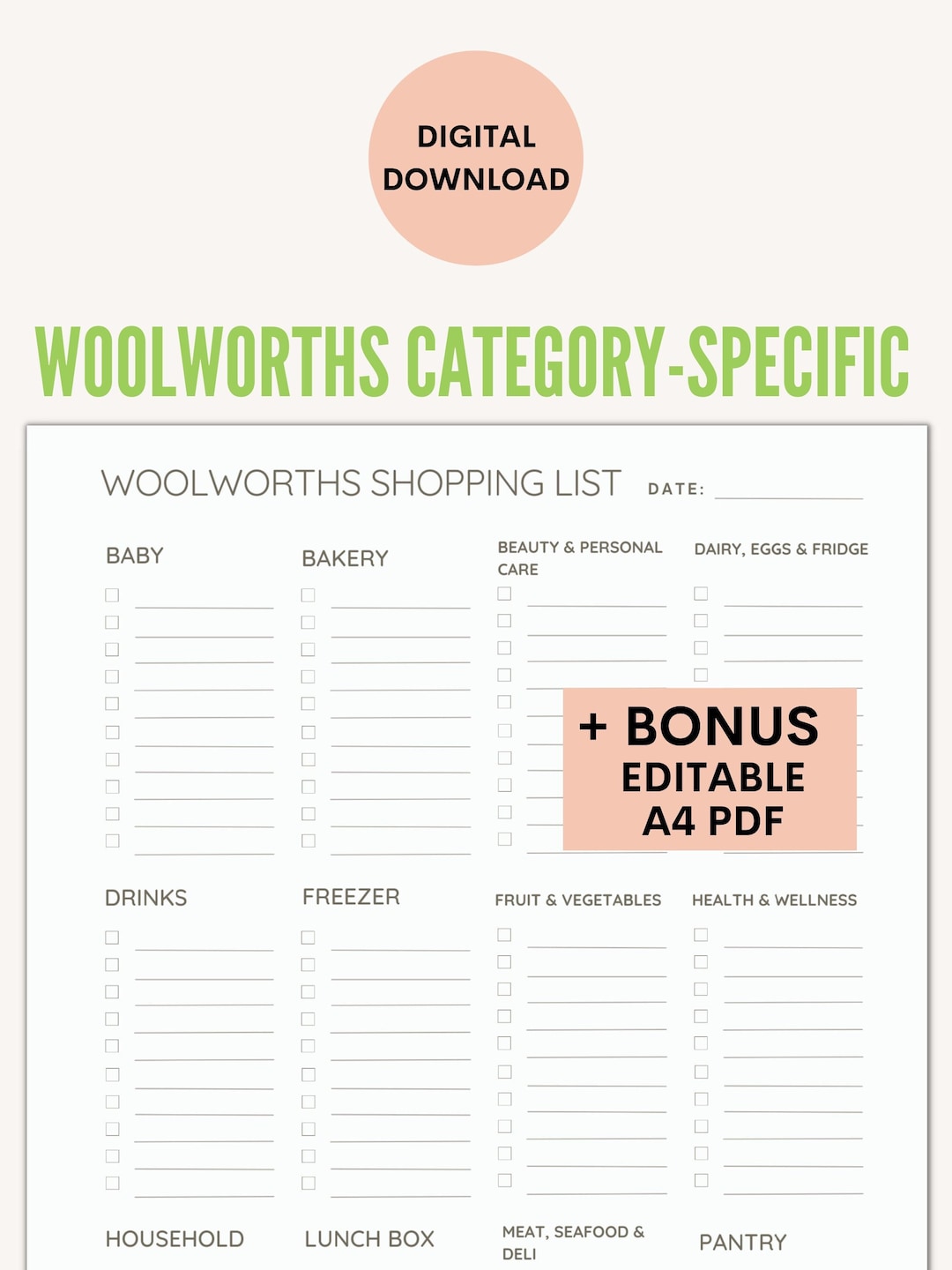 Woolworths Shopping List Printable Template BONUS Editable - Etsy