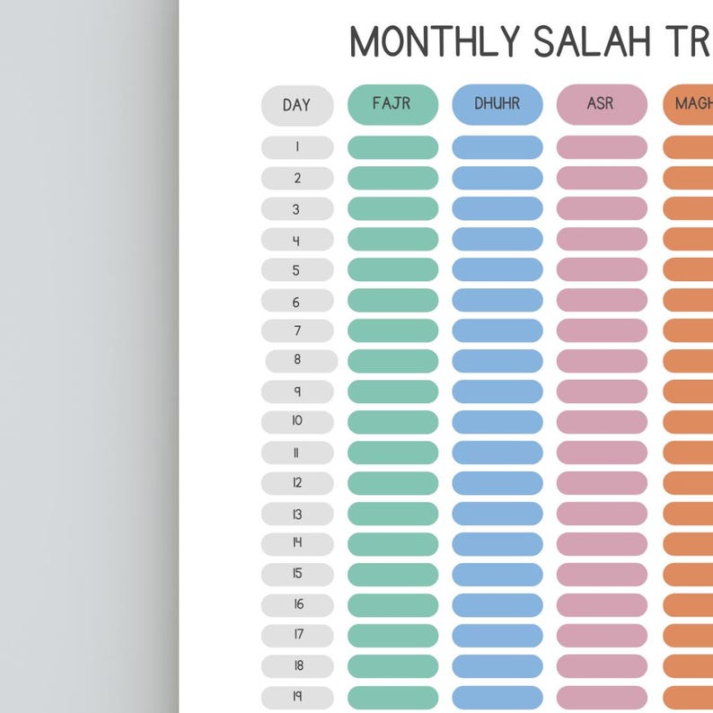 Monthly Salah Tracker Islamic Wall Art Prayer Tracker Printable Muslim ...