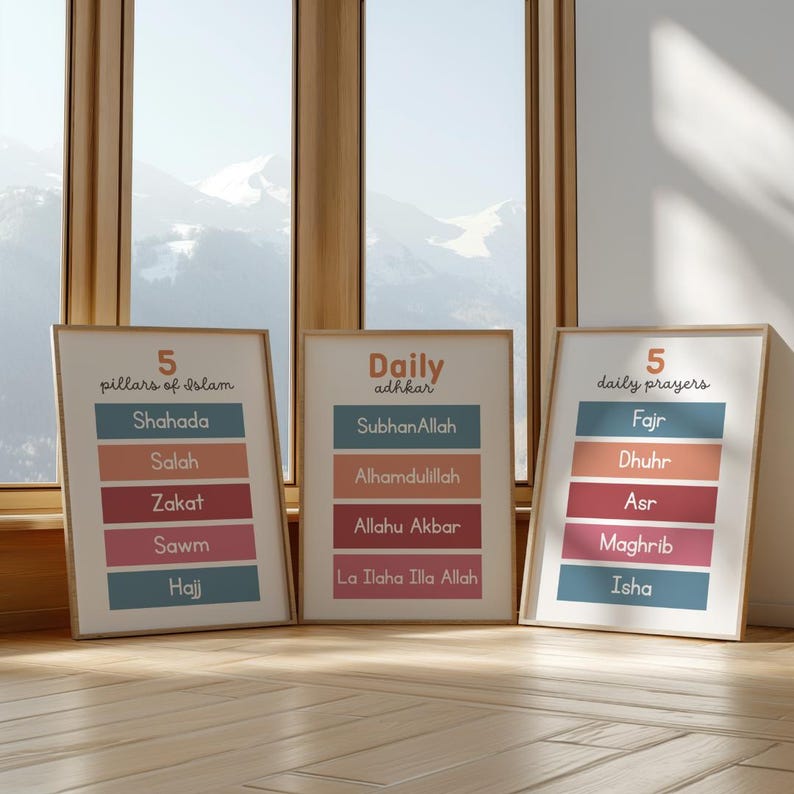 Islamic Kids Printable Wall Art Set Five Pillars Daily Adhkar Five ...