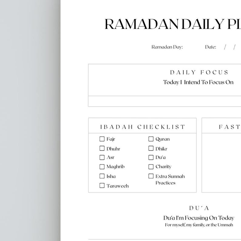 Ramadan Daily Planner Printable One Page Ibadah Checklist Quran Dua ...