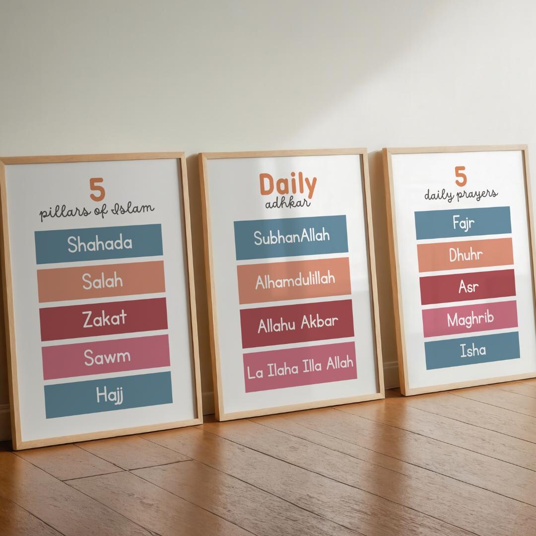 Islamic Kids Printable Wall Art Set Five Pillars Daily Adhkar Five ...