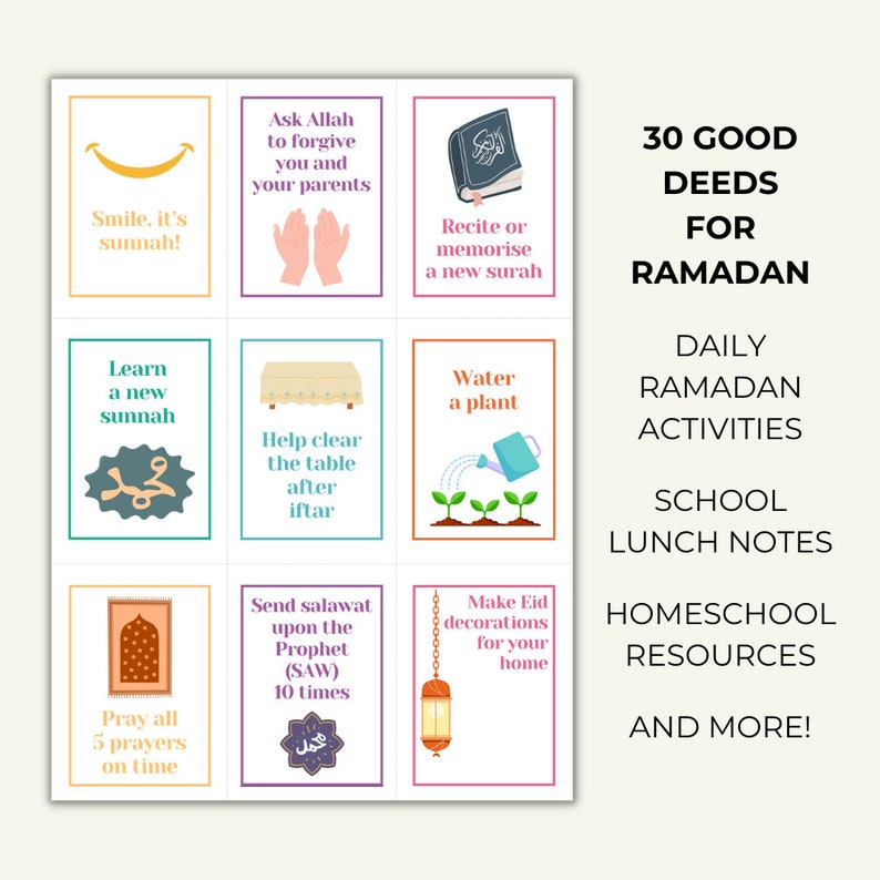 Ramadan Good Deed Cards for Kids Printable Islamic Activity 30 Daily ...