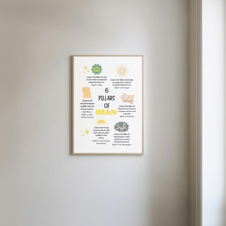 6 Pillars of Iman Kids Islamic Wall Art Muslim Children Educational ...