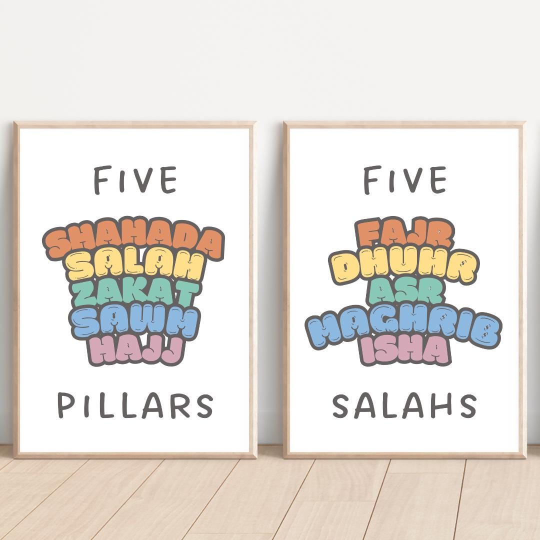5 Pillars of Islam & 5 Salahs Kids Wall Art Bundle | Minimalist ...