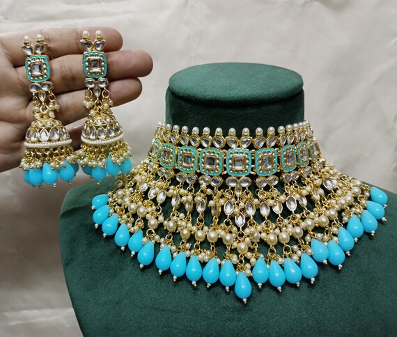 Indian Choker Set Kundan Necklace Jhumki Bridal Meenakari Choker Set Pearls Necklace Choker Jewelry Pakistani Wedding Set Punjabi Necklace Etsy