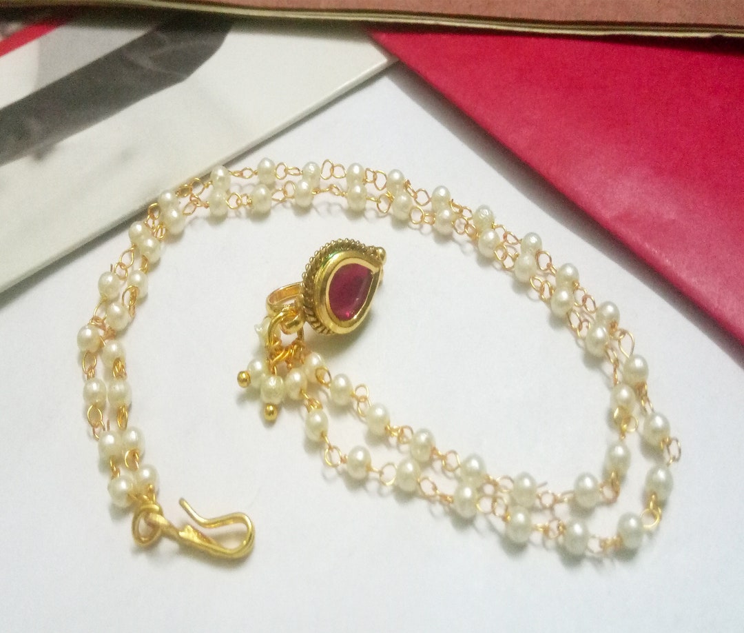 Indian Gold Plated Pearls Nose Ring Bridal Jewelry With Ruby Studded ...