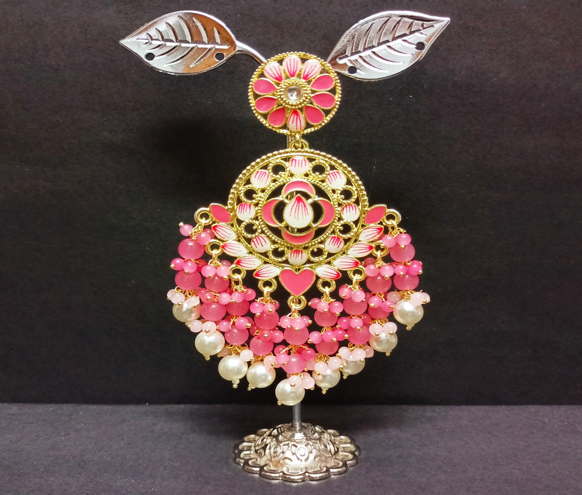 Bridal Earrings Set Pearls Chand Bali Set Meenakari Wedding | Etsy