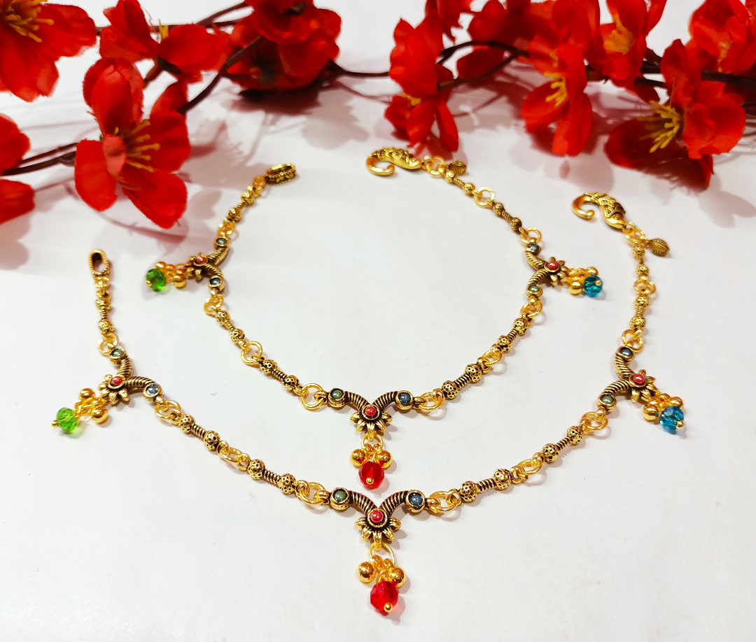 Indian Asian Gold Antique Plated Anklets CZ Payal Jhanjhar Asian Payal ...