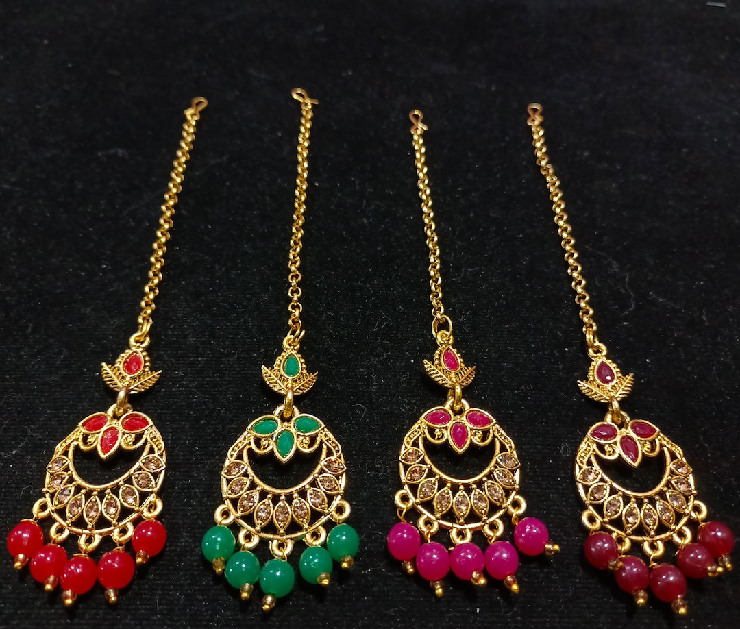 Indian CZ Tikka Head Piece Bridal Tikka Wedding Tikka Side Passa Red ...