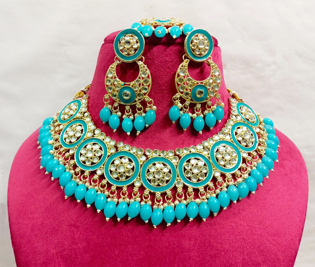 Indian Wedding Kundan Necklace Firoza Meenakari Bridal Choker Tikka ...
