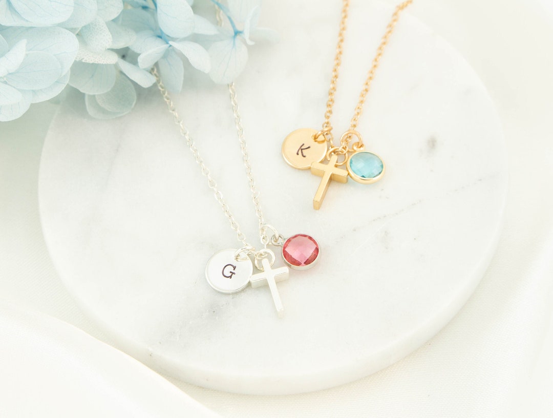 Cross Necklace, Cross Initial Necklace, Birthstone Necklace, Initial ...