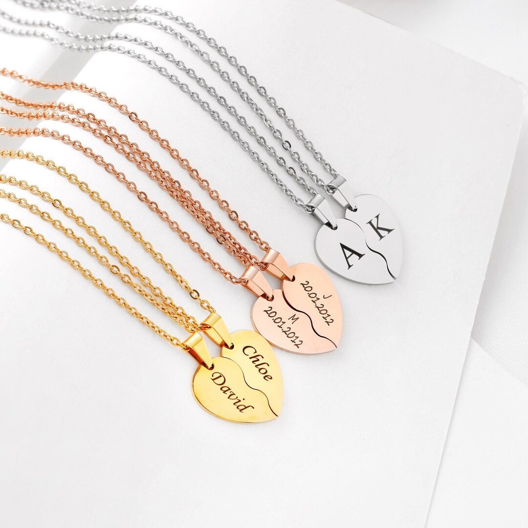 Personalized Split Heart Necklace Set, Engraved Couple Jewelry - Etsy