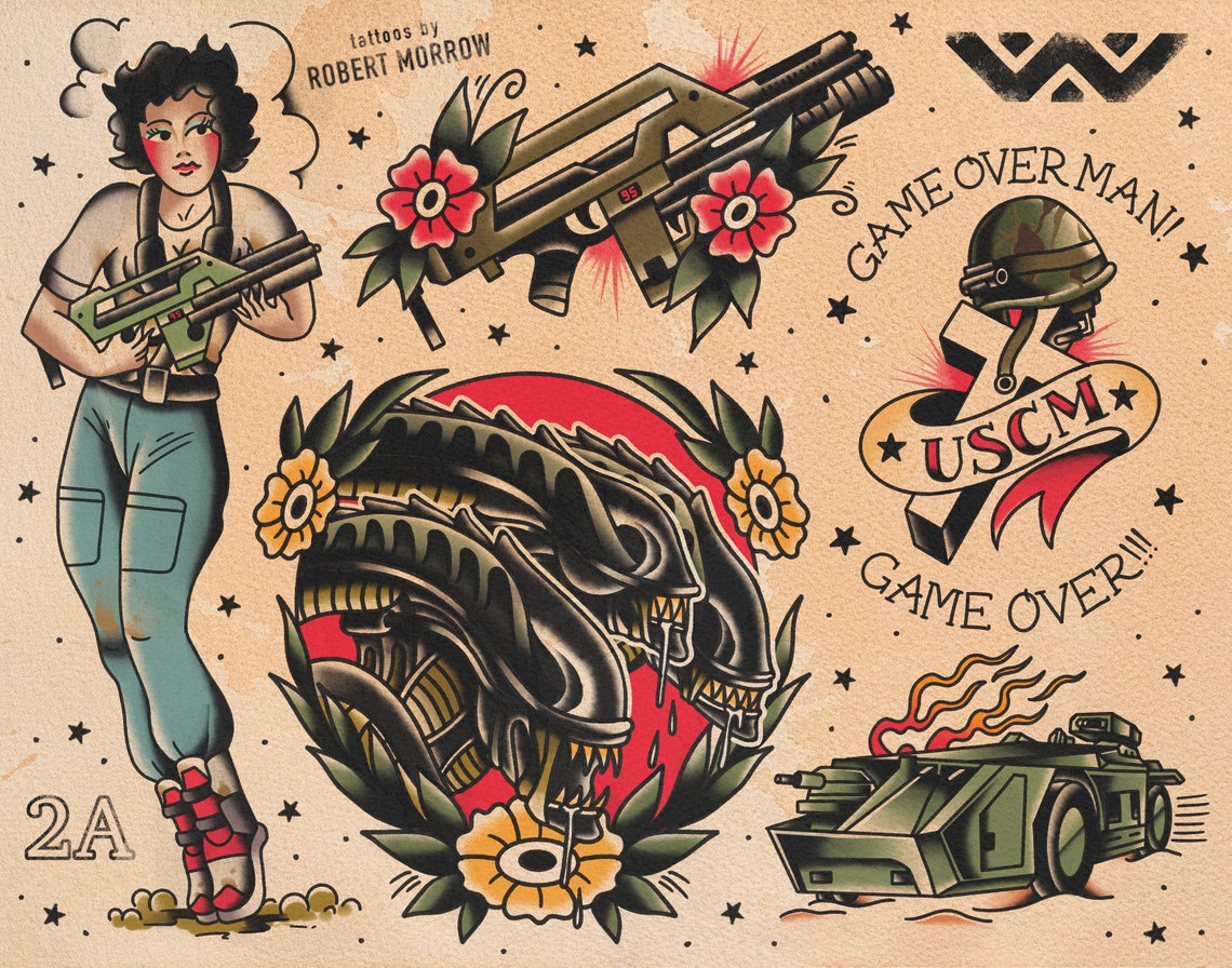 ALIENS Traditional Tattoo Flash Sheet - Etsy