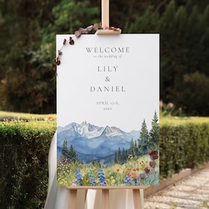 Watercolor Mountain Wedding Welcome Sign Template: Wildflower Floral ...