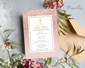 Pink First Communion Invitation Template Modern Editable Cross ...