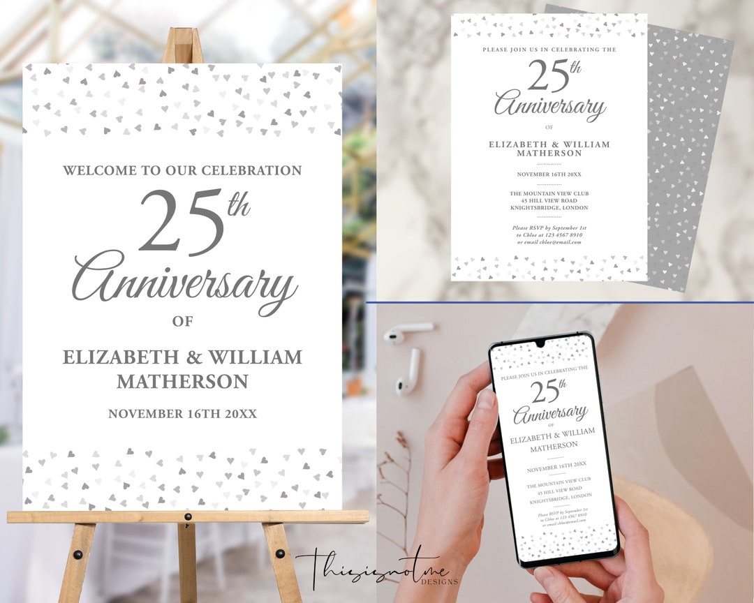 25th Wedding Anniversary Bundle, Invitation, Phone Evite, Welcome Sign ...