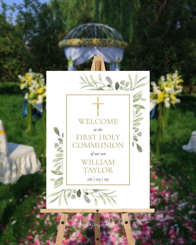 First Communion Welcome Sign: Greenery Floral Elegant Gold Cross ...