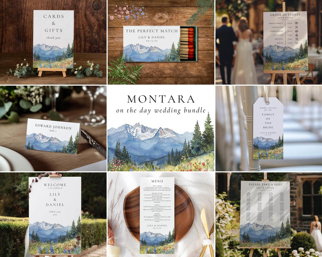 Watercolor Mountain Wedding Sign Bundle: Rustic Floral, Editable ...