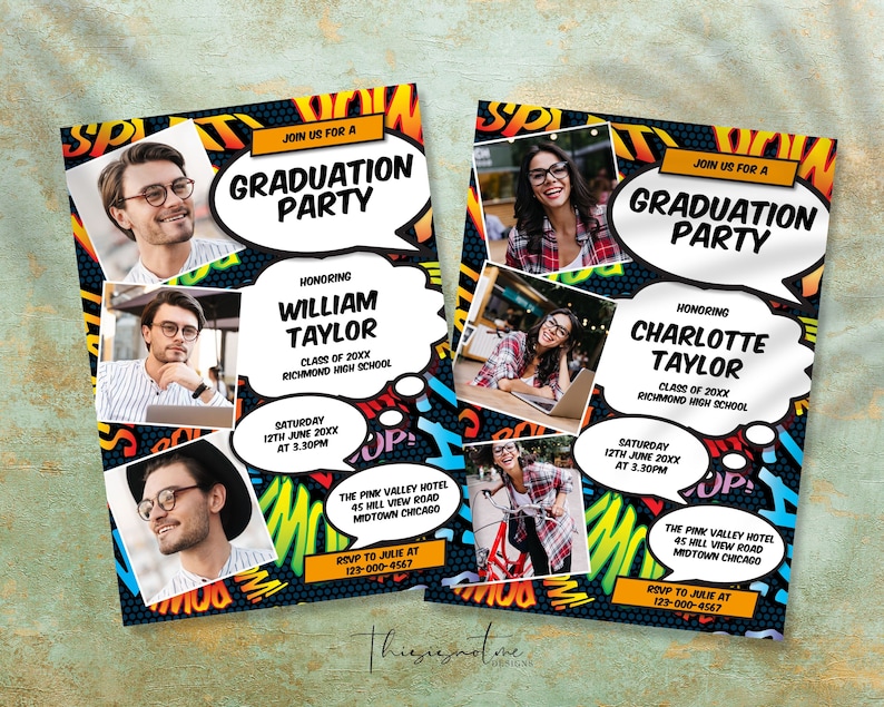 4-photo Graduation Party Invitation Template: Comic Book Design ...