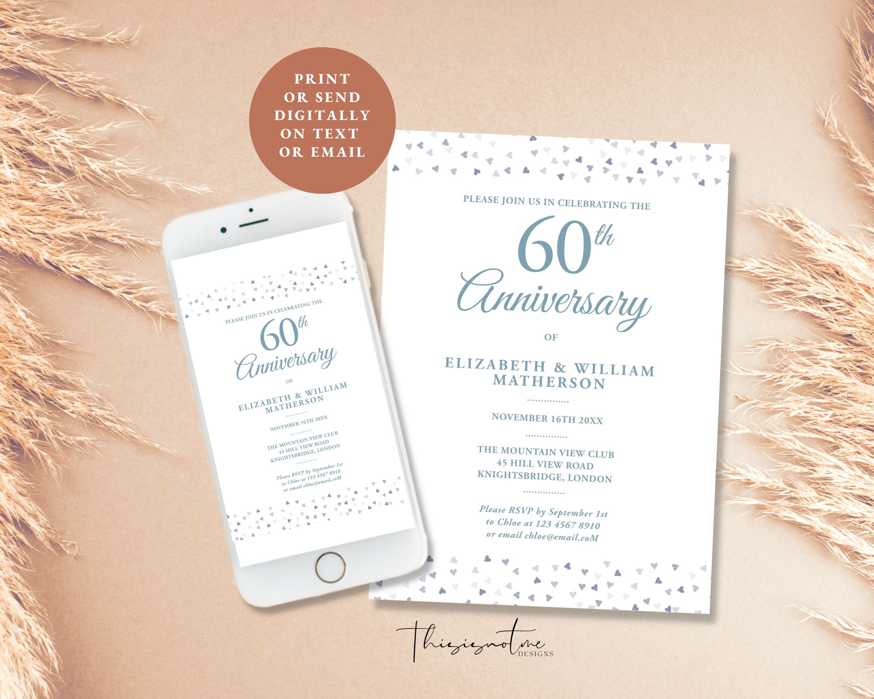 60th Wedding Anniversary Invitation Template, Love Hearts Confetti ...