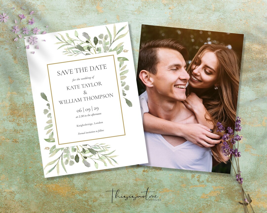 Photo Save the Date Invite, Watercolor Greenery Save the Date Template ...