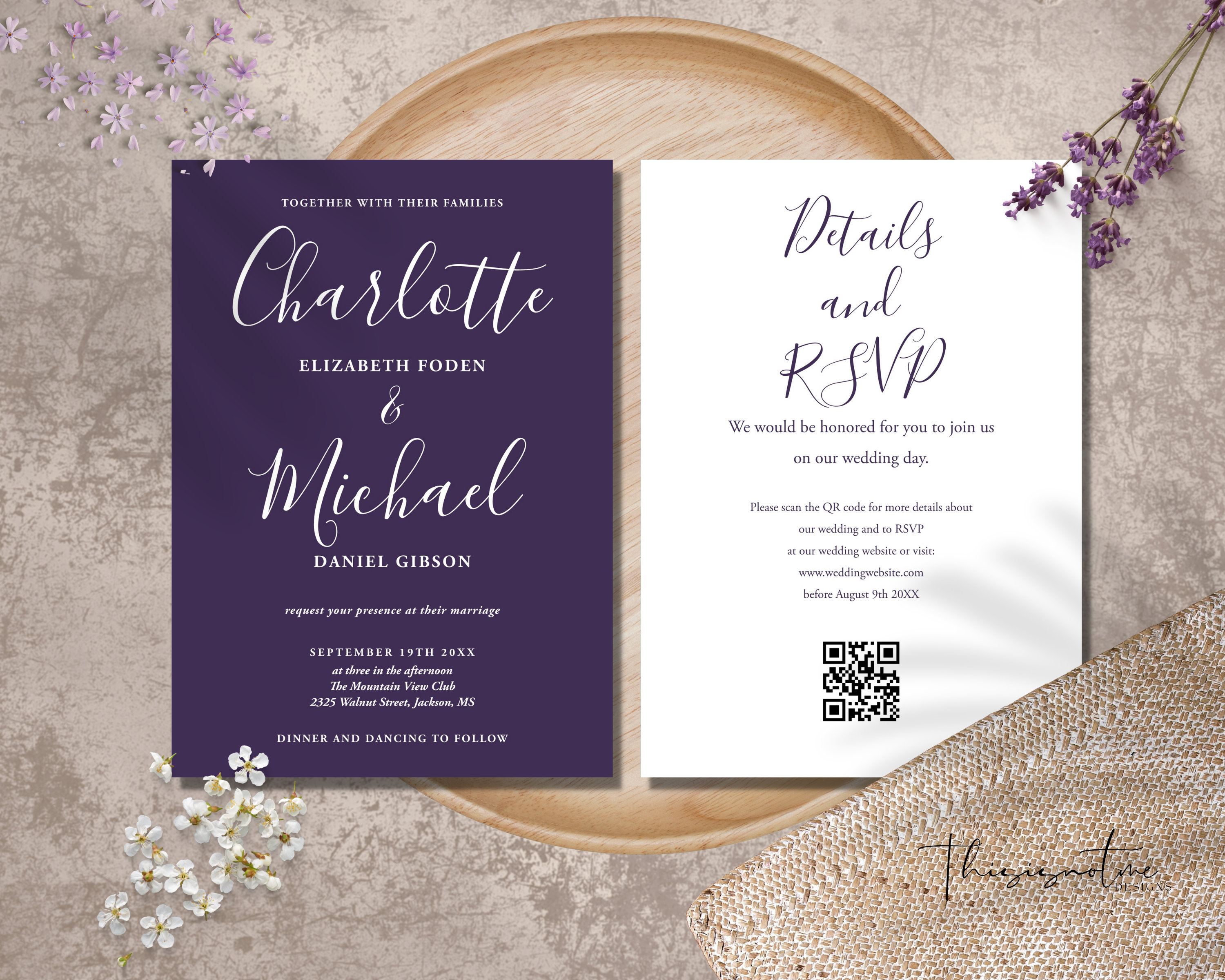 Signature QR Code Wedding Invitation Template, Purple Minimalist Script ...