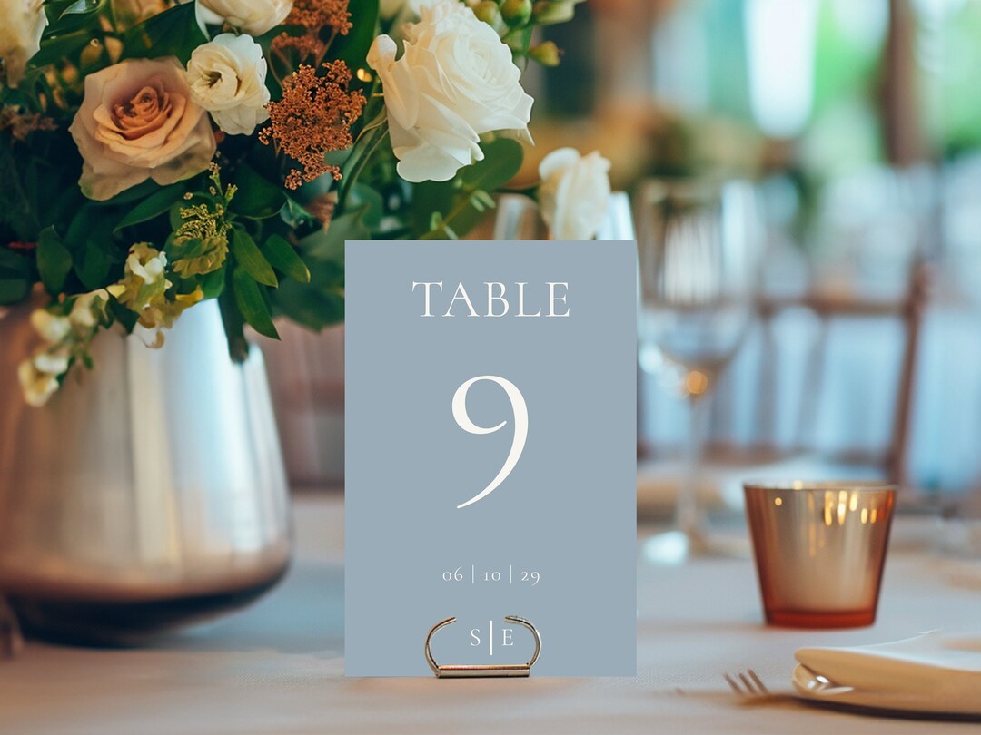 Minimalist Dusty Blue Wedding Table Number Template, Simple Monogram ...