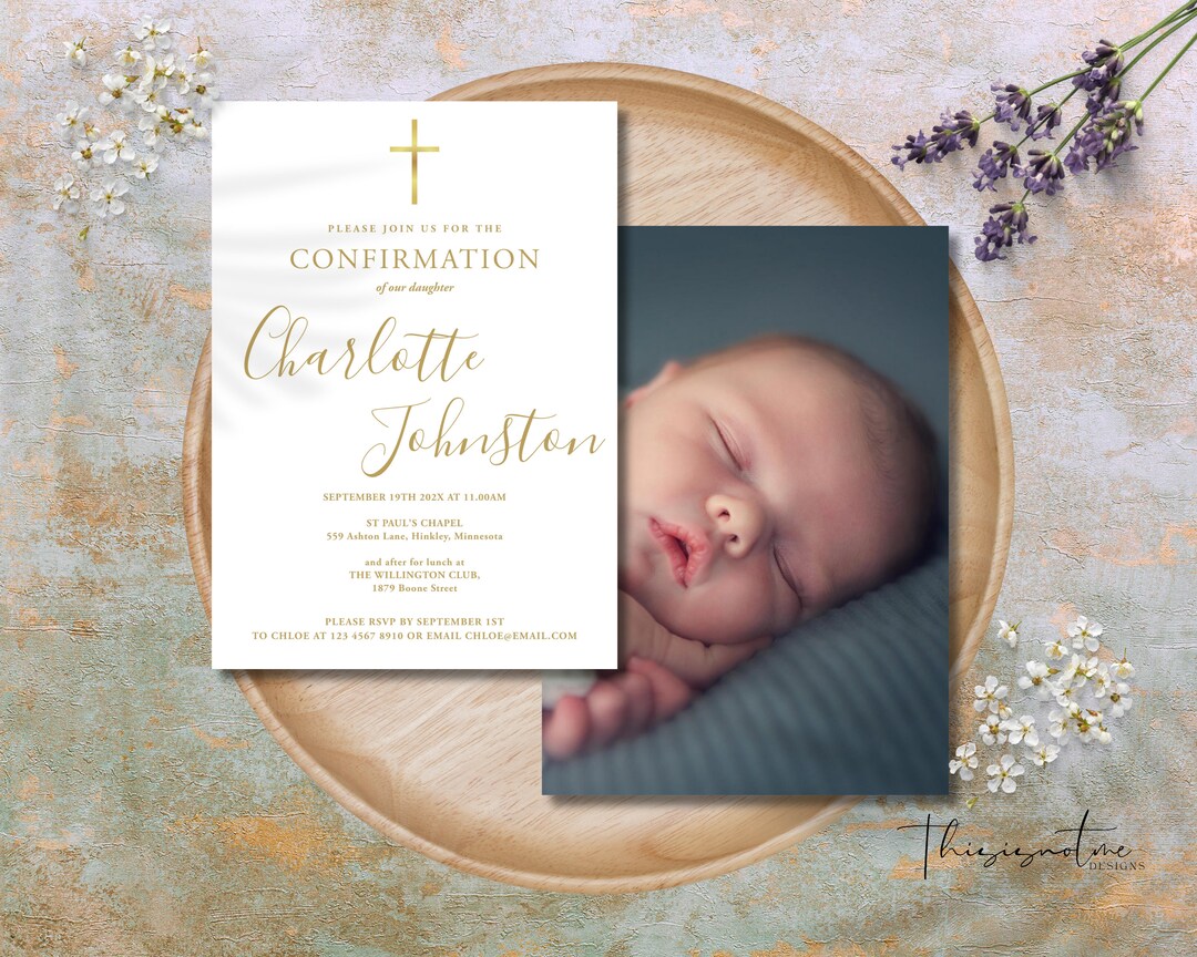 Modern Confirmation Invitation Template, Simple Gold Script ...