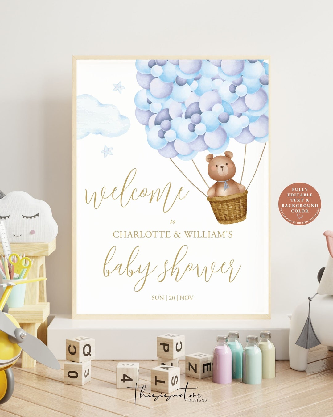 Blue Hot Air Balloon Baby Shower Welcome Sign: Bearly Wait Boy Bear ...