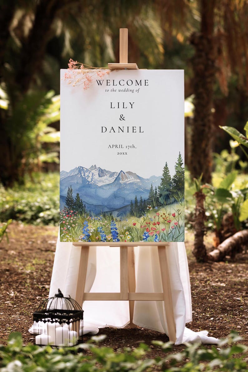 Watercolor Mountain Wedding Sign Bundle: Rustic Floral, Editable ...