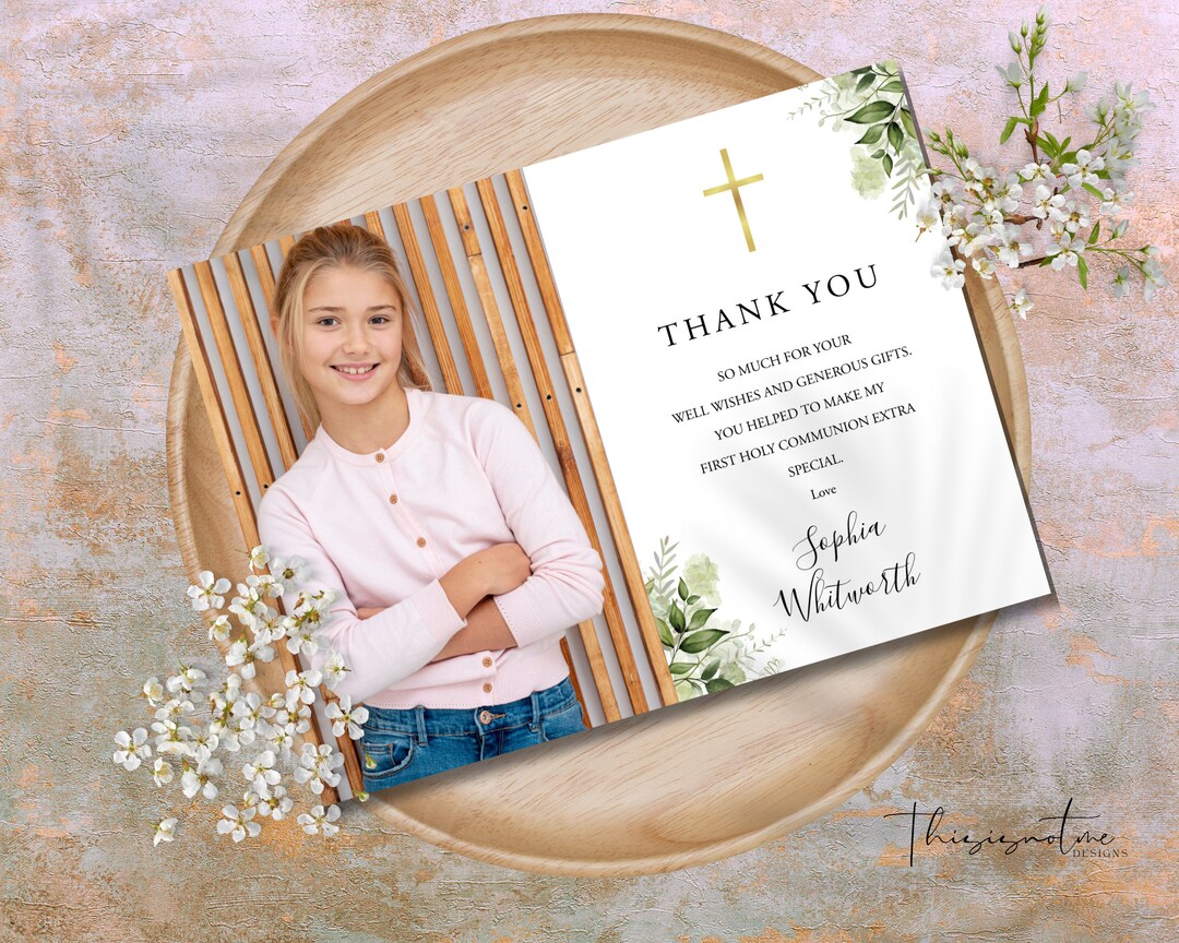 Greenery First Communion Thank You Card Template: Photo Note (digital ...