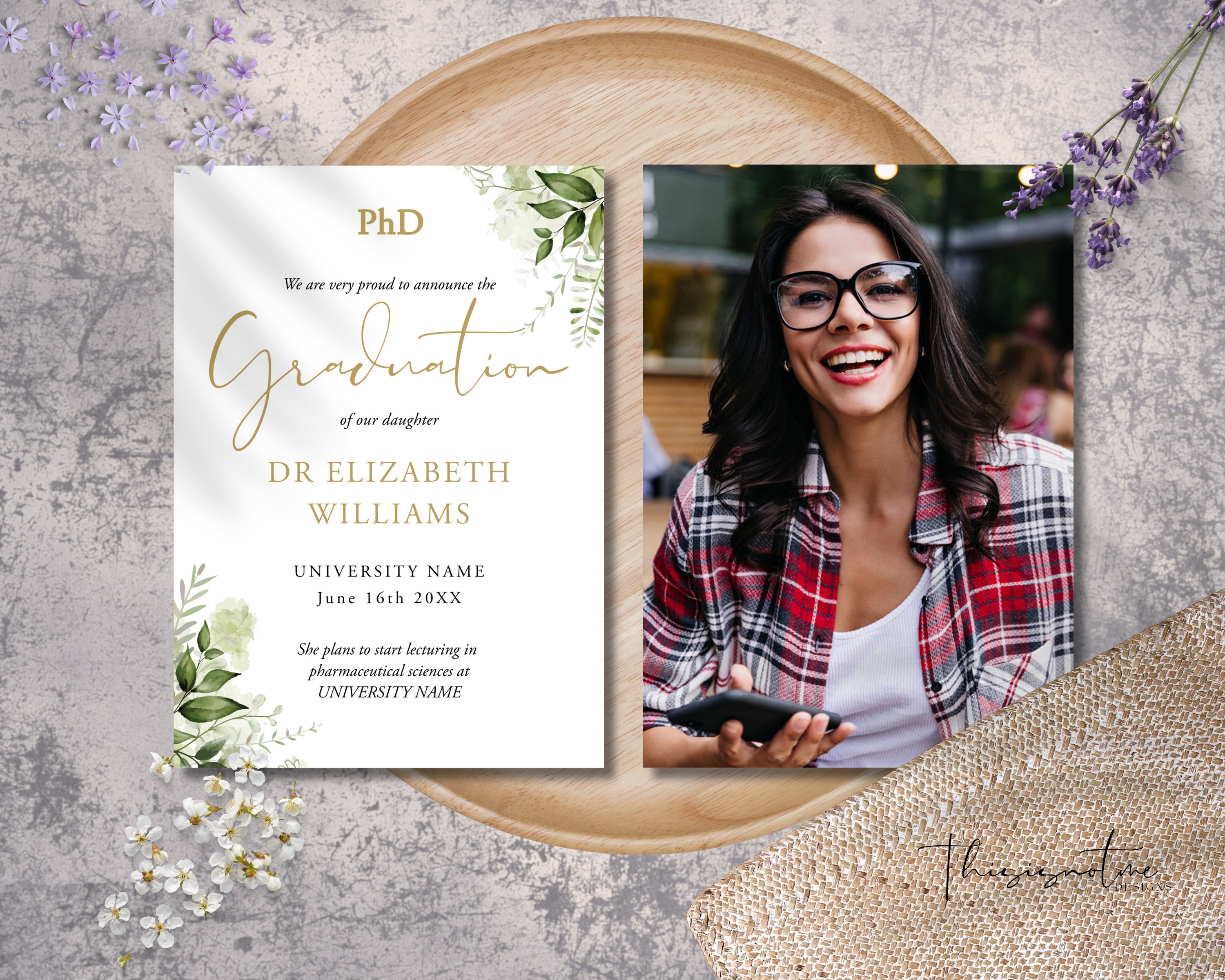 Photo Phd Degree Graduation Announcement Template, Boho Greenery Gold ...