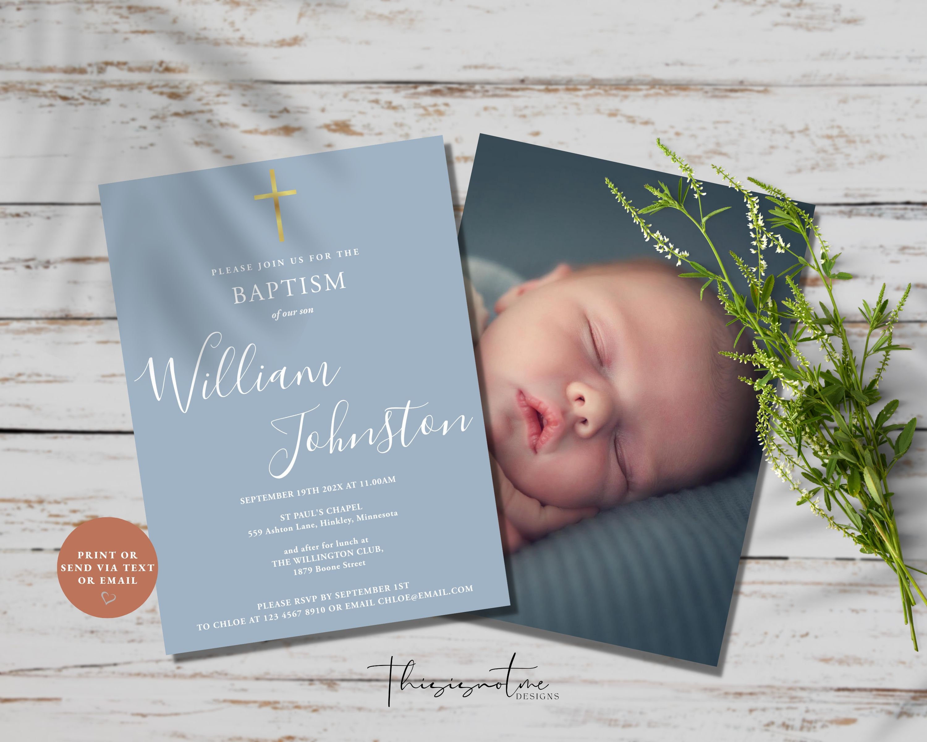 SIGNATURE Script Baptism Invitation Template, Printable Blue ...