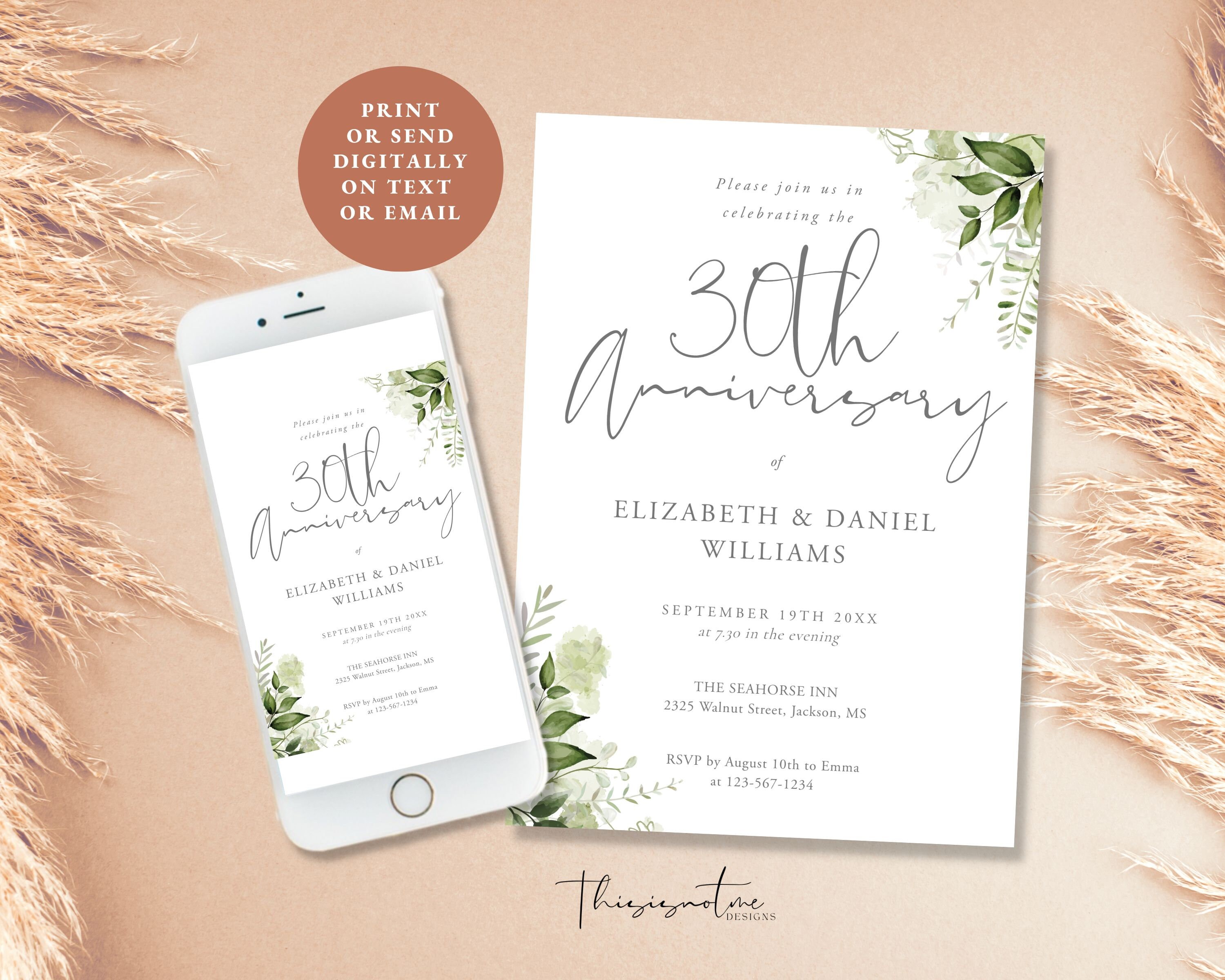 30th Anniversary Invitation Template Editable Greenery Wedding - Etsy
