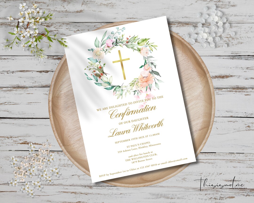 Confirmation Invitation Template, Rustic Flowers Garland, Gold ...
