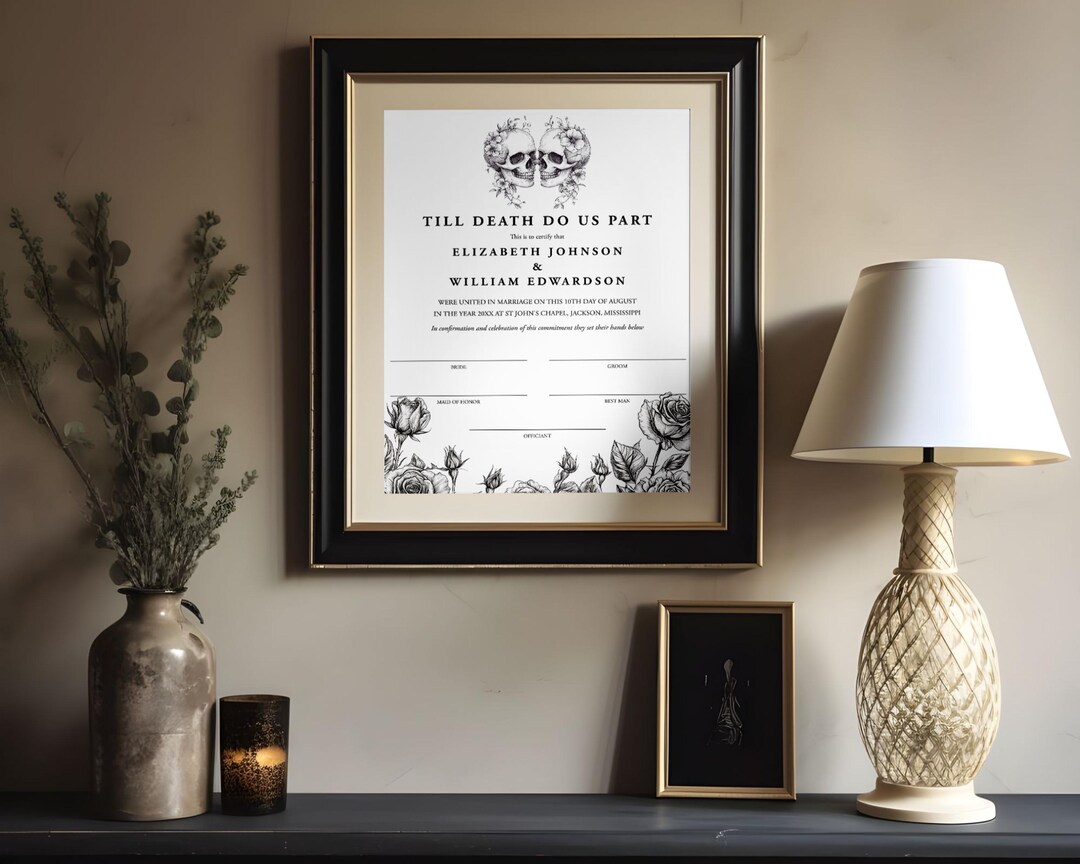 Floral Skulls Gothic Wedding Marriage Certificate Template (digital ...