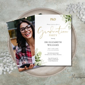 Greenery Phd Graduation Party Invitation Template, Modern Gold Phd ...