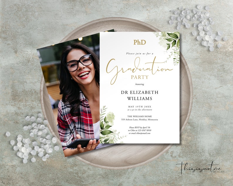 Greenery Phd Graduation Party Invitation Template, Modern Gold Phd ...