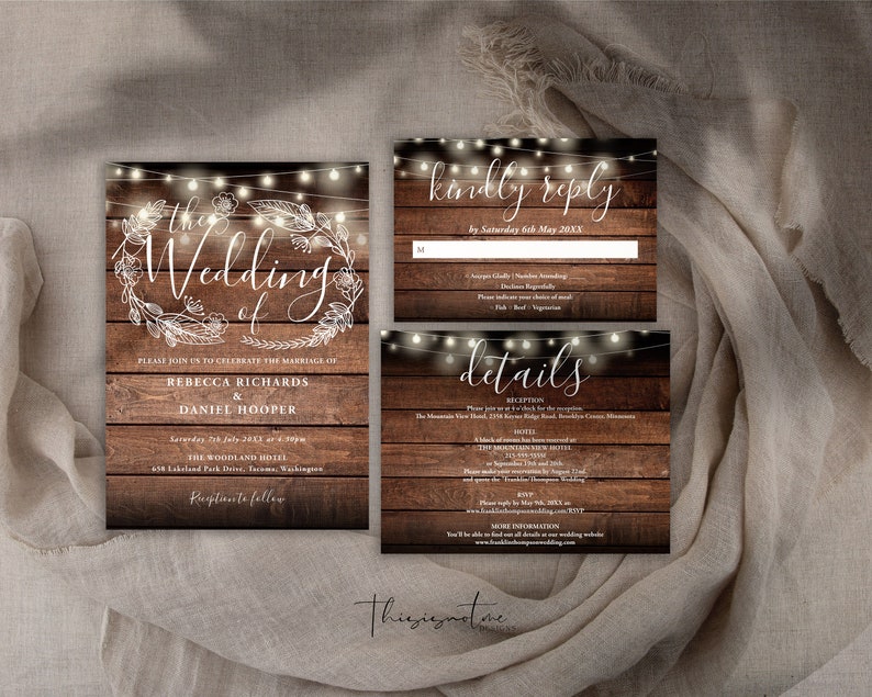 Rustic Floral Wedding Invitation Suite: String Lights, Boho Design ...