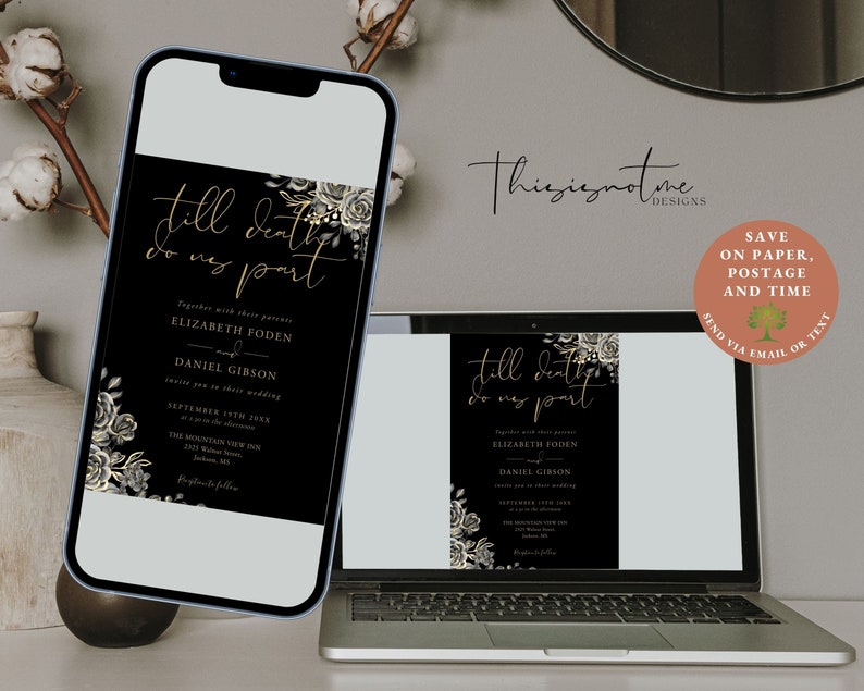 Gothic Wedding Invitation Template: All in One Invite, Floral Roses ...