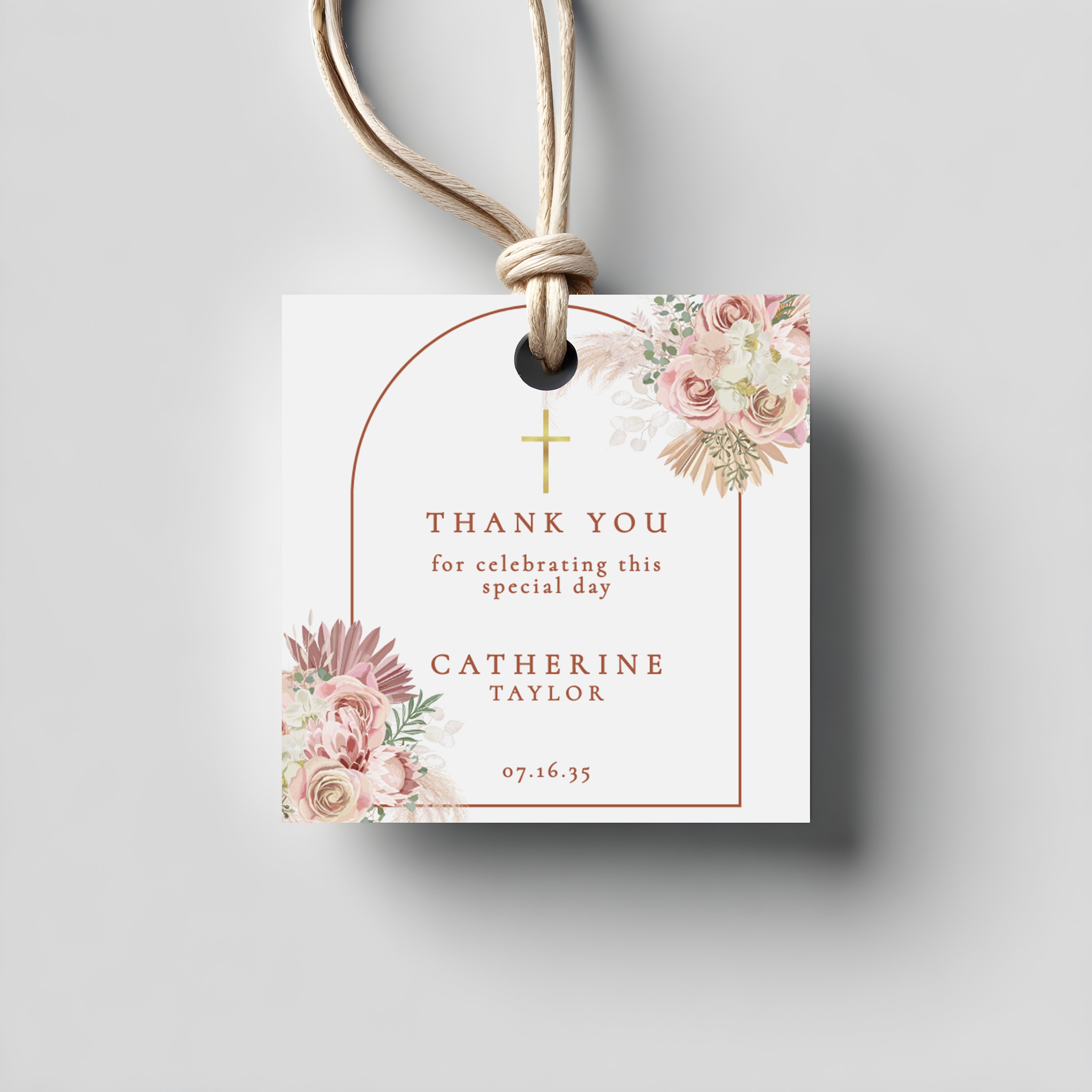 Baptism Thank You Tag Template, Rustic Pink Floral, Editable Baptism ...