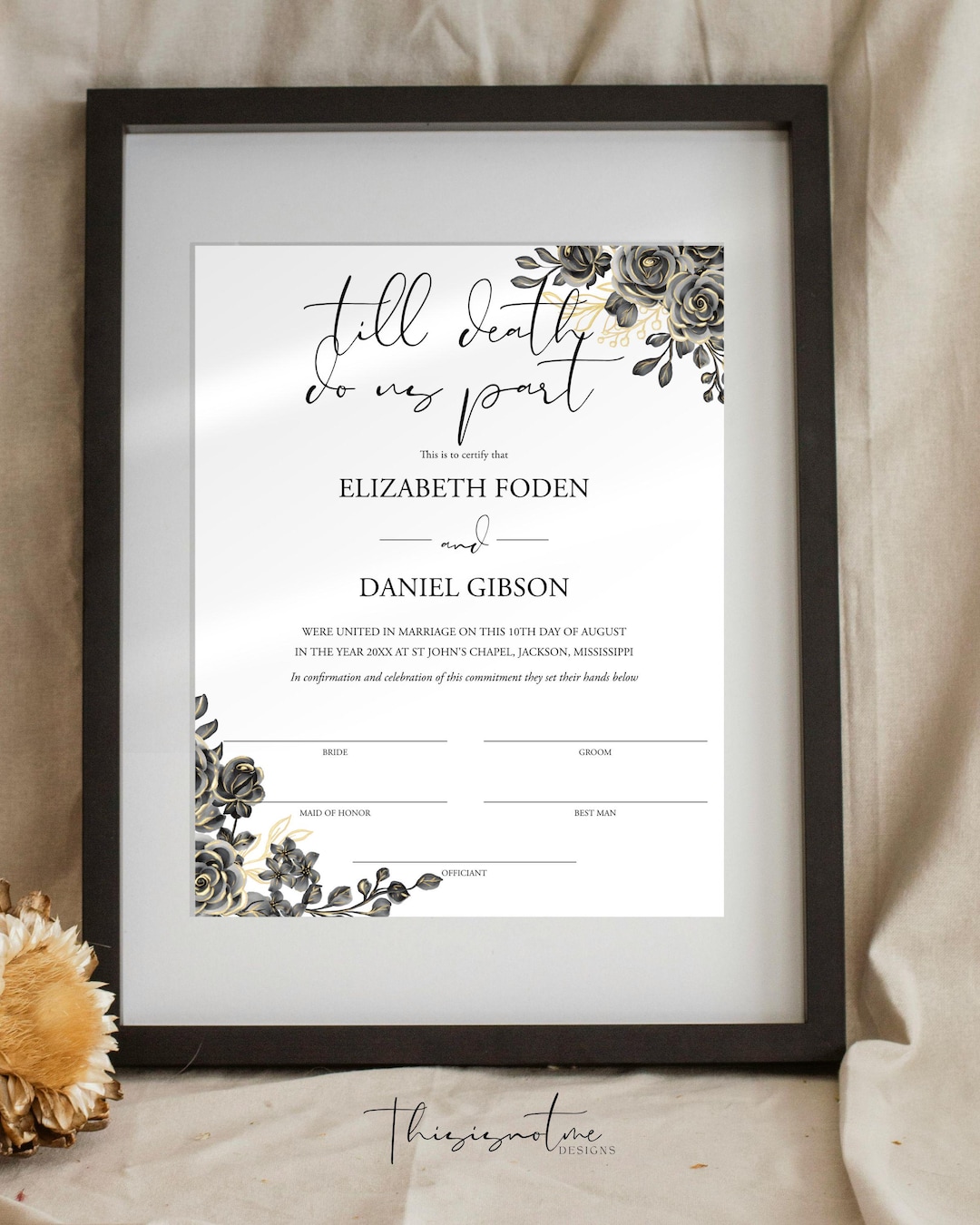 Til Death Gothic Wedding Marriage Certificate Template: Floral Roses ...