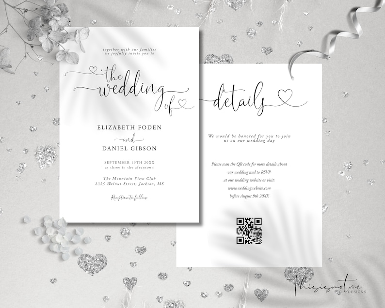 Minimalist Wedding Invitation QR Code, Simple Heart Script Calligraphy ...
